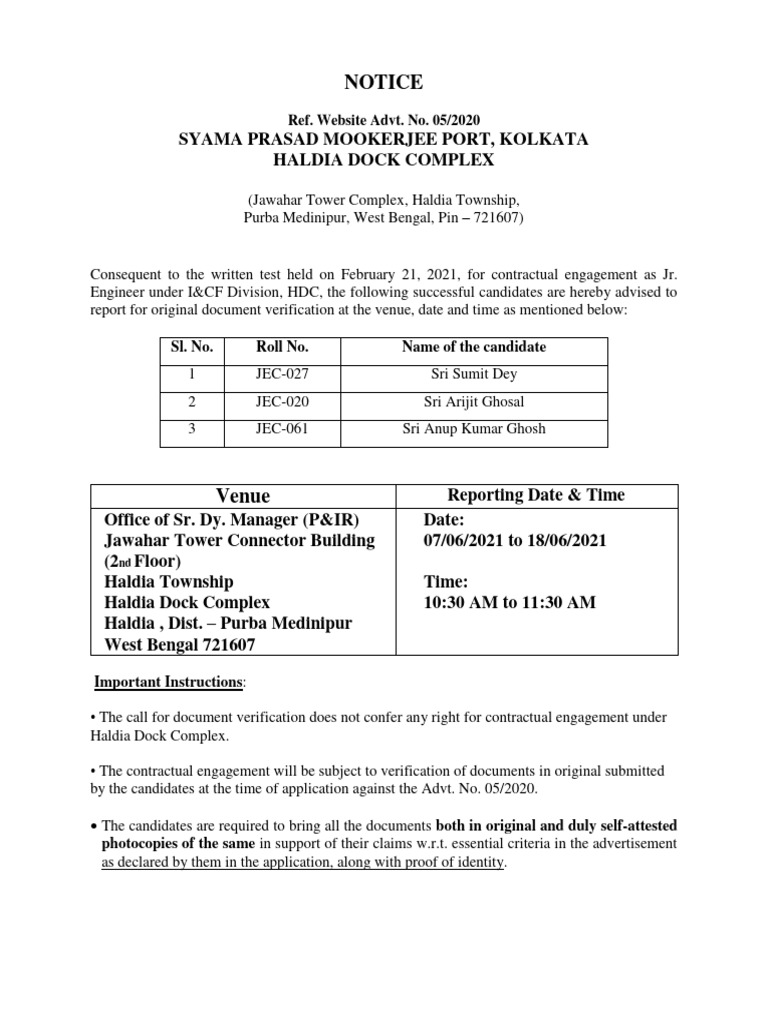 Notice: Sl. No. Roll No. Name of The Candidate | PDF
