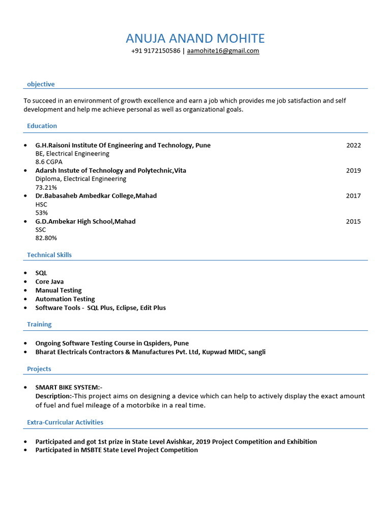Anuja Anand Mohite Resume | PDF