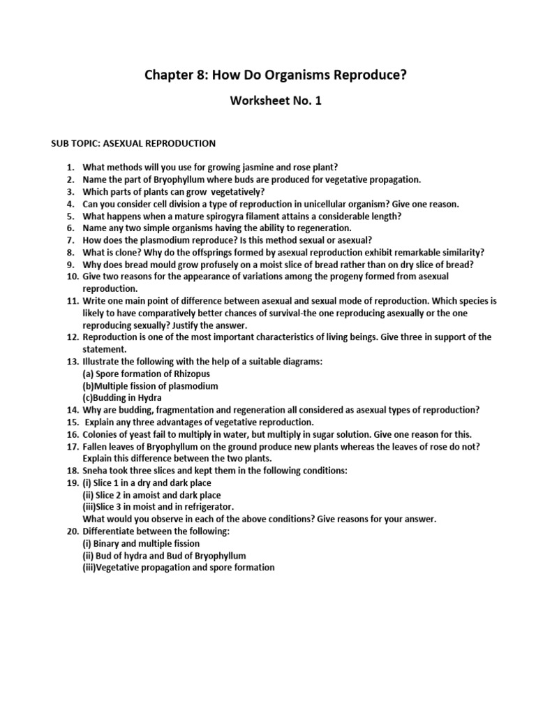 Chapter 8 Worksheet | PDF | Reproduction | Sexual Reproduction