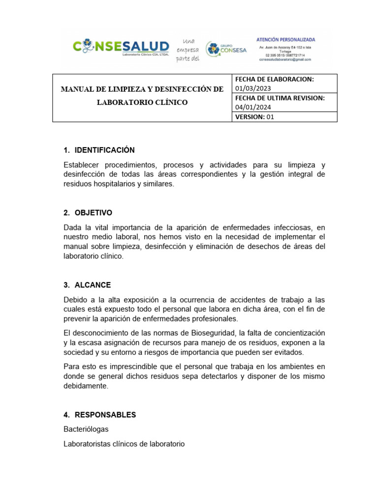 Manual de Limpieza y Desinfección de Laboratorio Clínico | Descargar ...