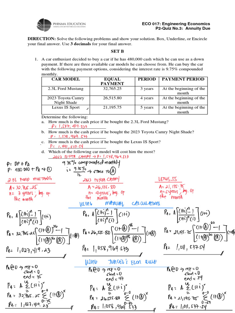 P2-Quiz 2b - Annuity Due - Answer Key | PDF