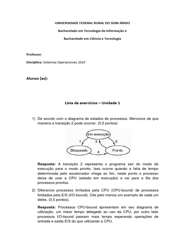 Lista SO Unidade1 2018.2 | PDF | Thread (informática) | Agendamento (informática)