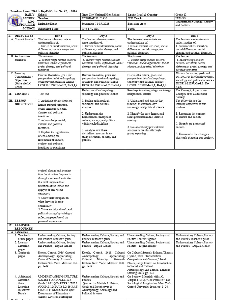 UCSP Week 3 DLL | PDF | Sociology | Anthropology