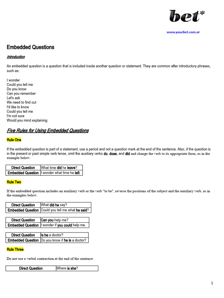 Embedded Questions | PDF | Question | Verb