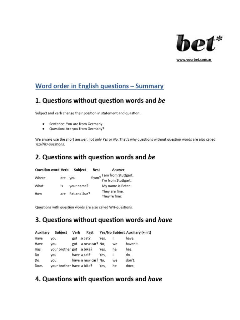Word order in English questions – Summary | PDF | Question | Subject ...