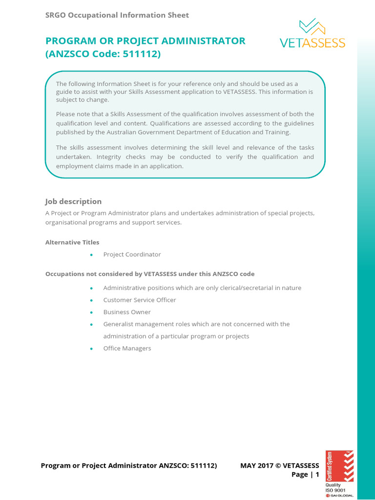 Vetassess Program ProjectAdmin Information Sheet | Download Free PDF ...