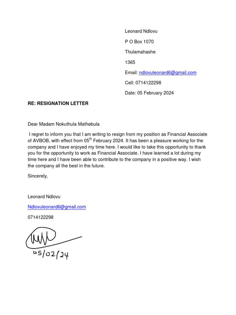 Resignation letter Avbob | PDF