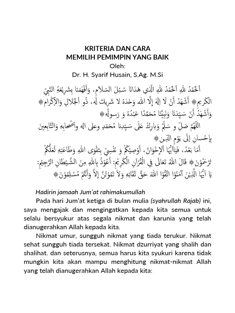 Khutbah Jum'at, Kriteria Dan Cara Memilih Pemimpin Yang Baik | PDF Khutbah Jum'at, Kriteria Dan Cara Memilih Pemimpin Yang Baik | PDF