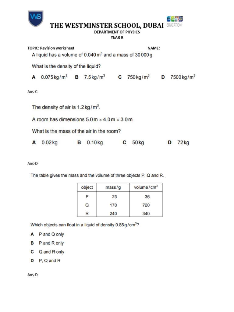Year 9 Physics Revision Worksheet | PDF