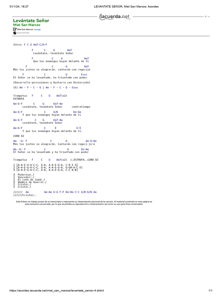 LEVANTATE SEÑOR, Miel San Marcos_ Acordes | PDF