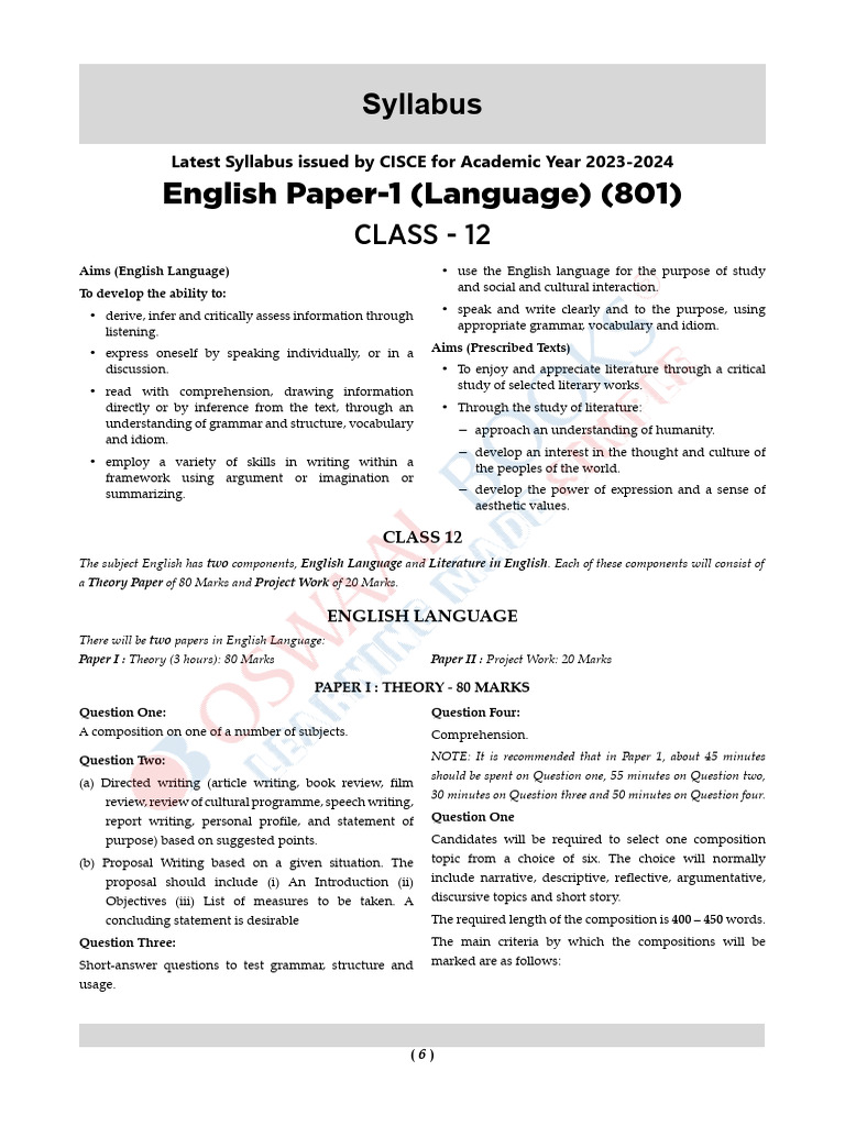 ISC 12 English Paper 1 Syllabus | PDF | Question | Reading Comprehension