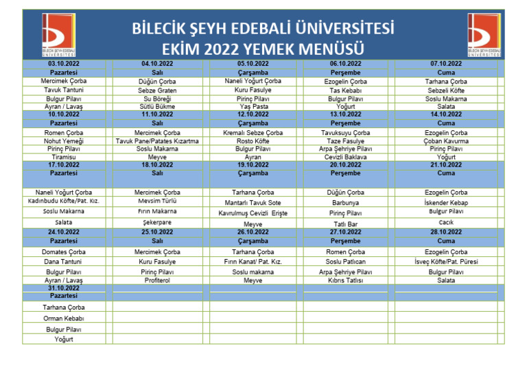 Ekim Yemek Menu 2022 | PDF