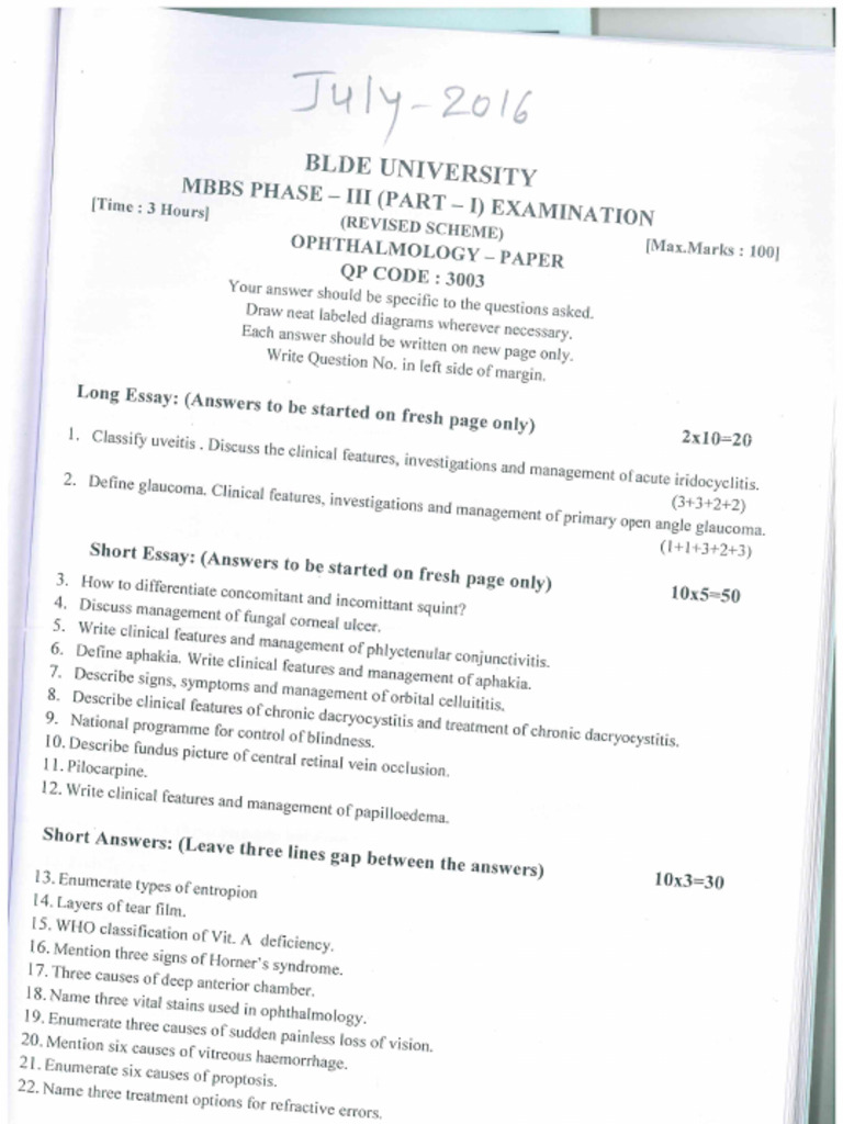 MBBS Opthalmology July - 2016 | PDF