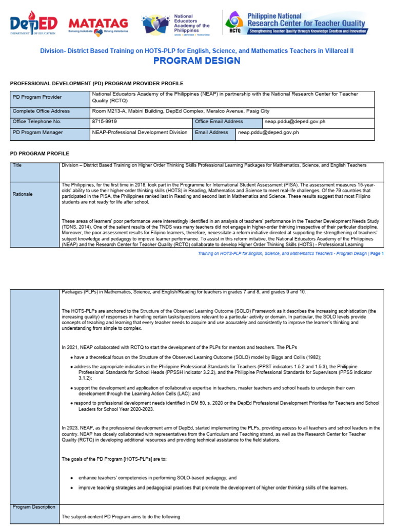 HOTS PLP PD Program DesigN District | PDF