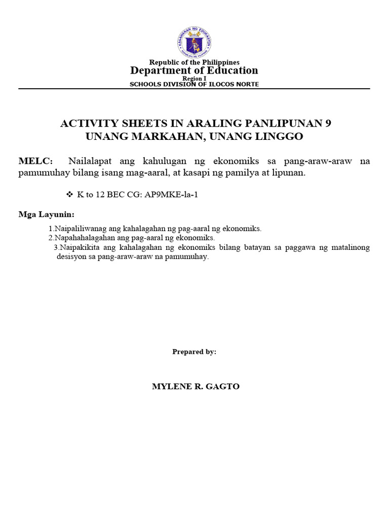 Ap9 q1 Week1 Ap9mke La 1 ASP Gagto, Mylene R. Mylene Gagto | PDF