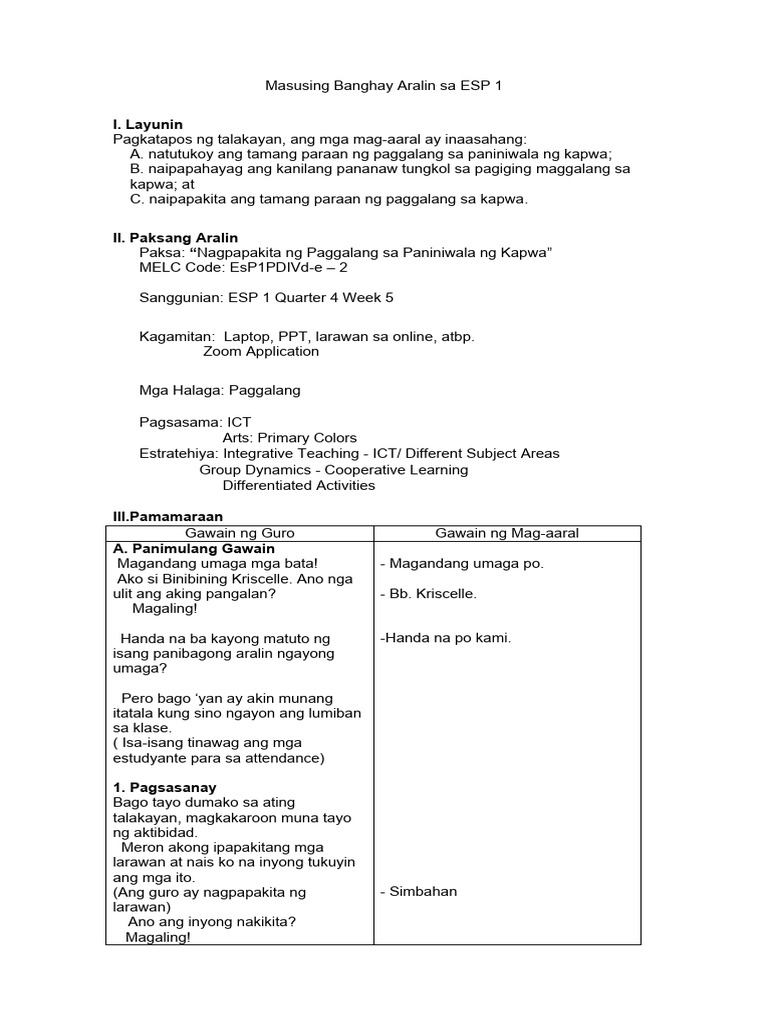 Detailed Lesson Plan in ESP Grade 1 | PDF