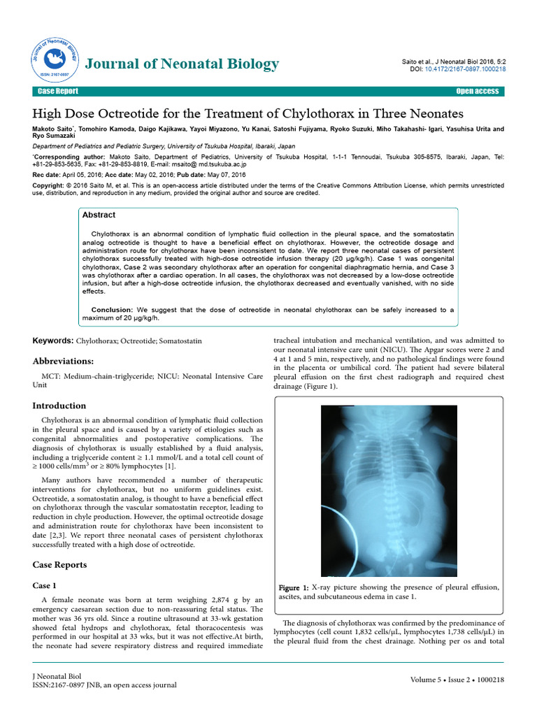 High Dose Octreotide For The Treatment of Chylothorax in Three Neonates ...