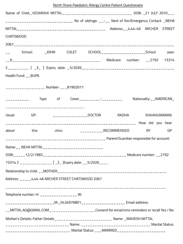Allergy Form | PDF | Allergy | Immunology
