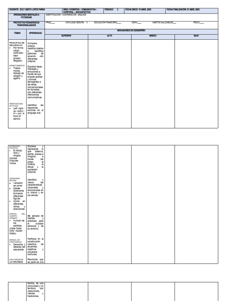 PLAN DE AULA PREESCOLAR 2do PERIODO | PDF | Evaluación | Aprendizaje