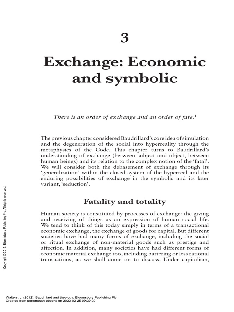 Baudrillard and Theology - (Chapter 3 Exchange Economic and Symbolic) | PDF