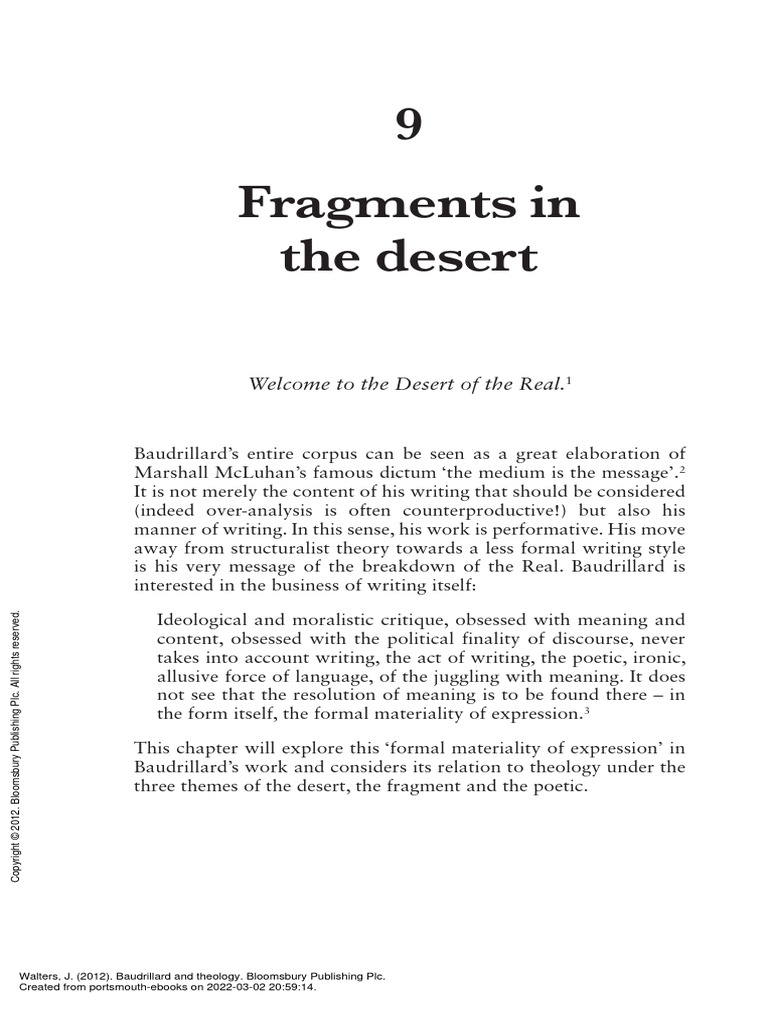 Baudrillard and Theology - (Chapter 9 Fragments in The Desert) | PDF | Thought | Theology