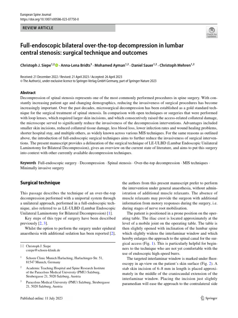 Full Endoscopic Bilateral Over The Top Decompression in Lumbar | PDF ...