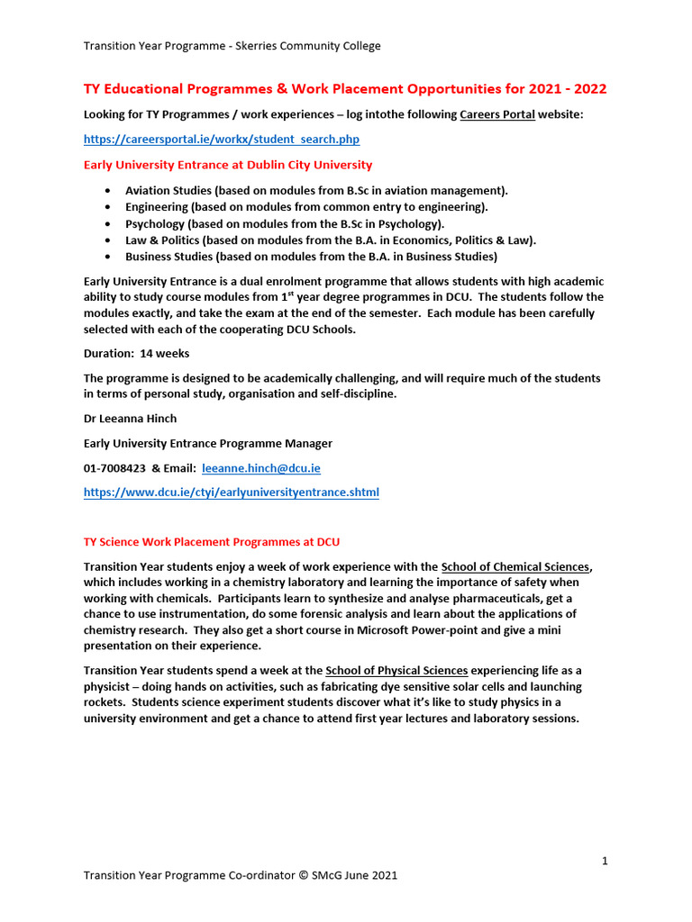 TY Educational Programmes & Work Placement Opportunities For 2021 ...