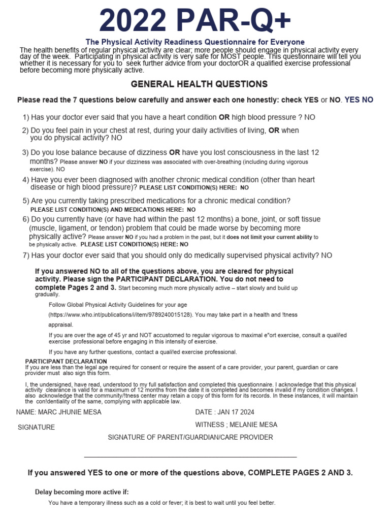 ParQ Plus Jan 2022 Fillable | PDF | Heart | Stroke