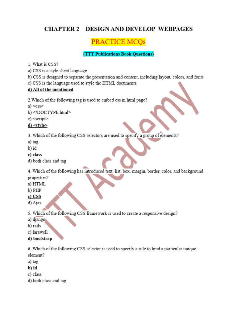 DCET - IT Skills - Design and Develpment Web Pages Practice MCQs and Key Ans | PDF