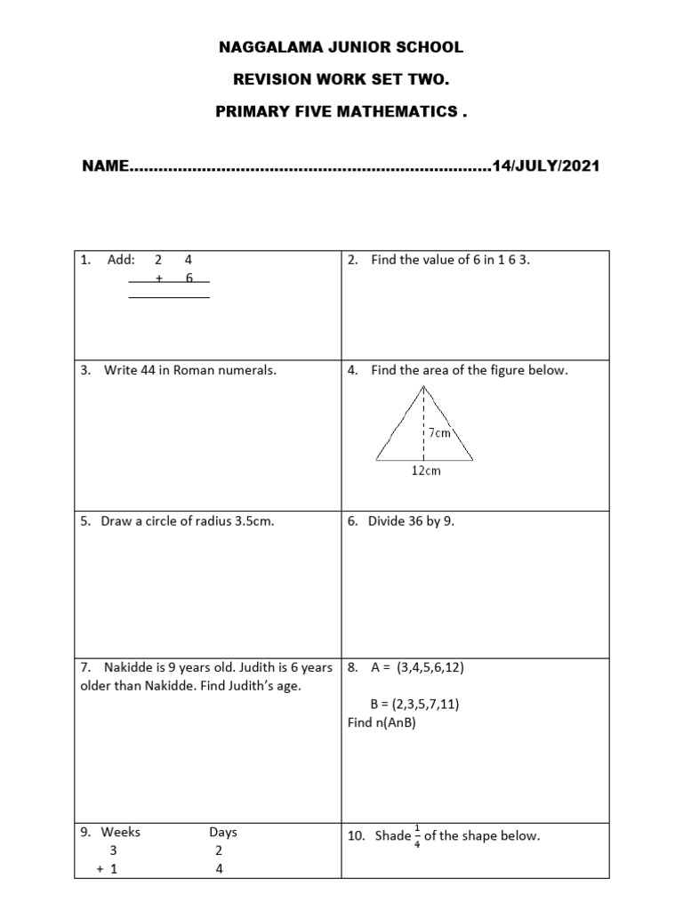 P - 5 Mathematics Revision Work Set Two | PDF | Mathematics