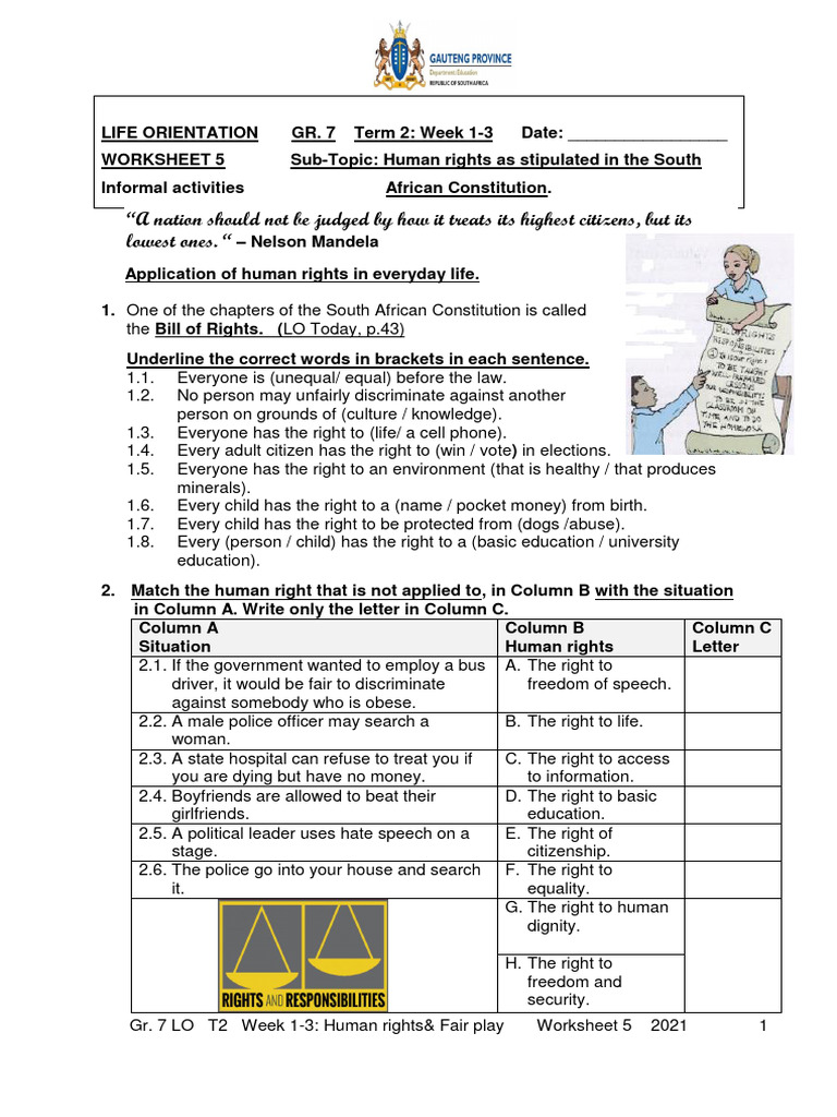 Gr. 7 T2 Week 1-3, Human Rights & Fair Play, Worksheet 5 | PDF ...