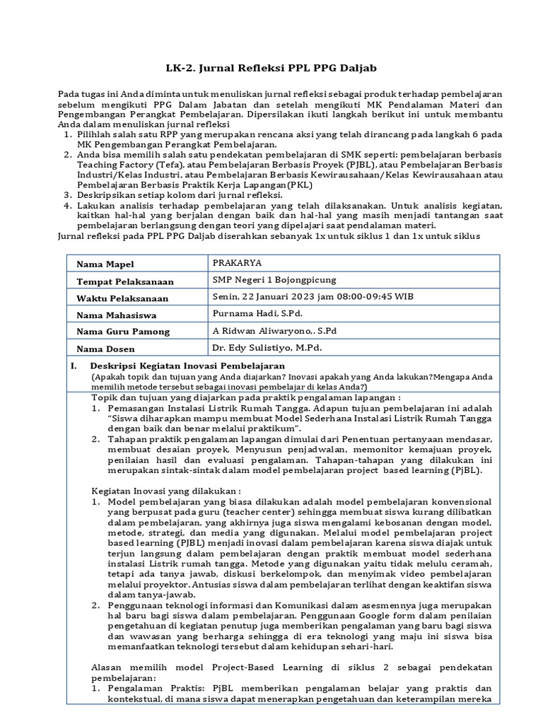Produk - Bahan - Refleksi - LK - 2 - PPL - Siklus - 2 - Jurnal - Refleksi - PPL - PPG - Daljab ...