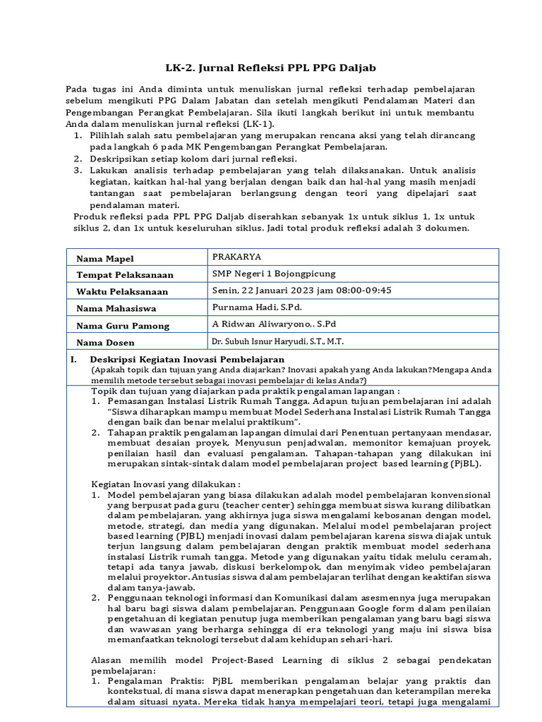 Produk - Bahan - Refleksi - LK - 2 - PPL - Siklus - 2 - Jurnal - Refleksi - PPL - PPG - Daljab ...