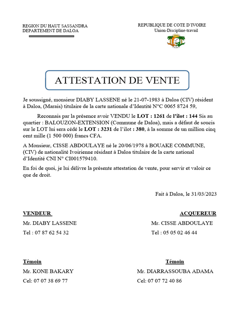 Attestation de Vente Terr | PDF