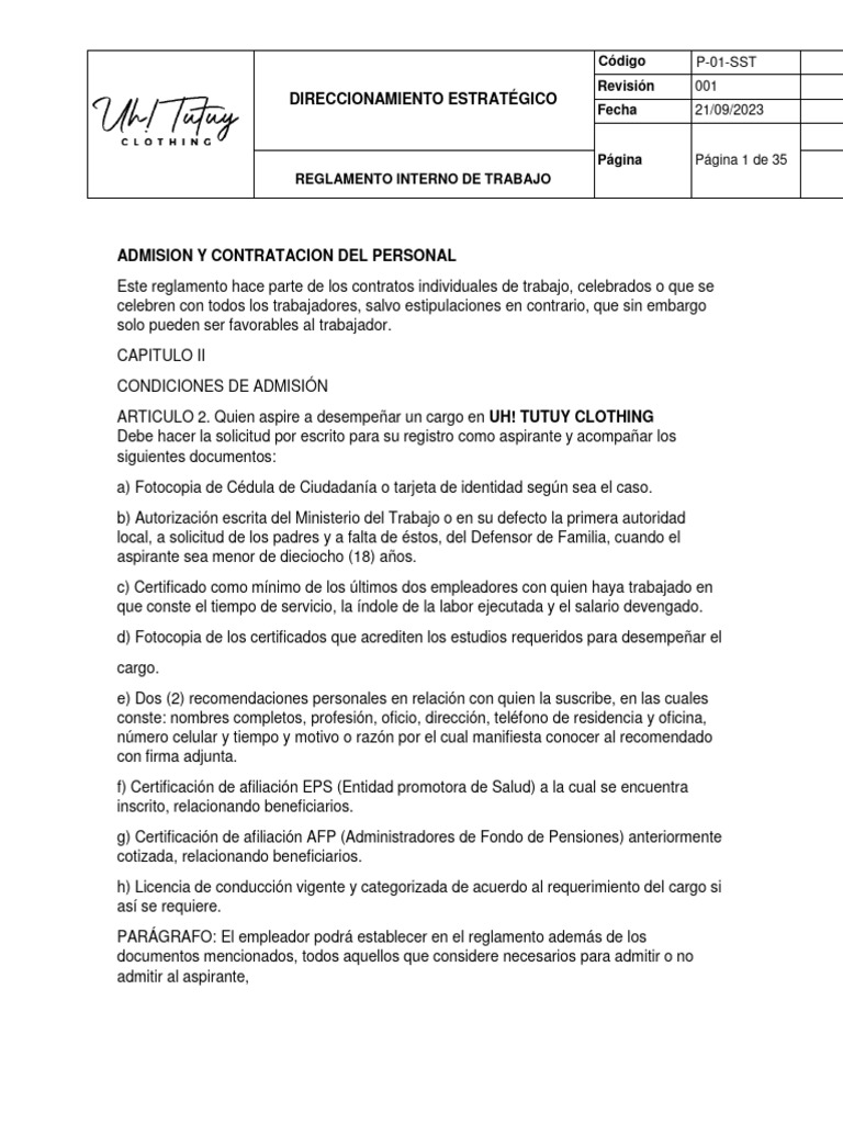 reglamento interno de trabajo Modelo | PDF | Salario | Derecho laboral