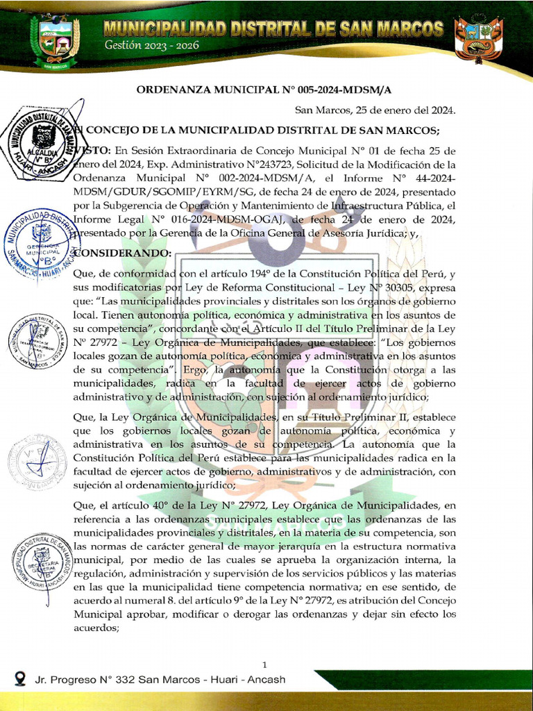 Ordenanza Municipal N°005-2024-Mdsm-A - 0001 | PDF