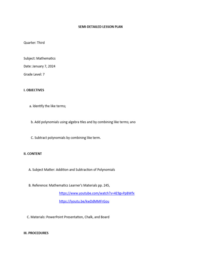 SEMI-DETAILED Lesson Plan | PDF | Polynomial | Mathematical Analysis
