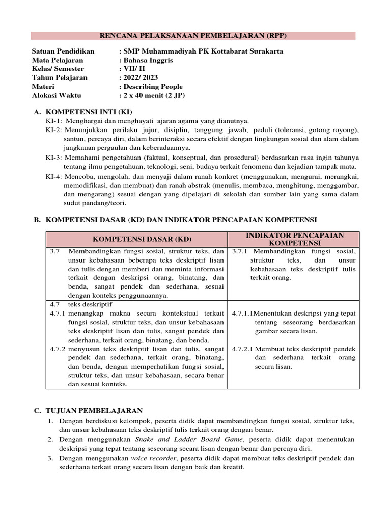 RPP PJBL Descriptive Text Kelas 7 Describing People Contoh Ke 1 | PDF