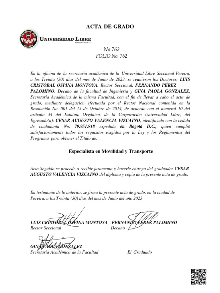 Acta de Grado Universidad Libre Entrega Hoy Con Verificacion | PDF
