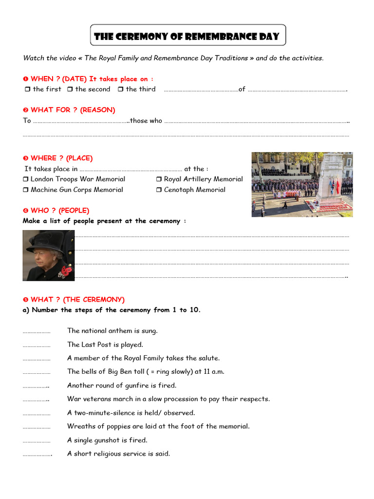Worksheet The Ceremony of Remembrance Day | PDF