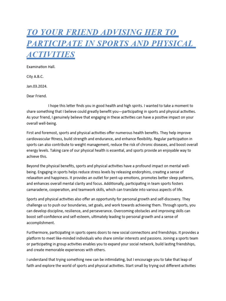 To Your Friend Advising Her To Participate in Sports and Physical ...