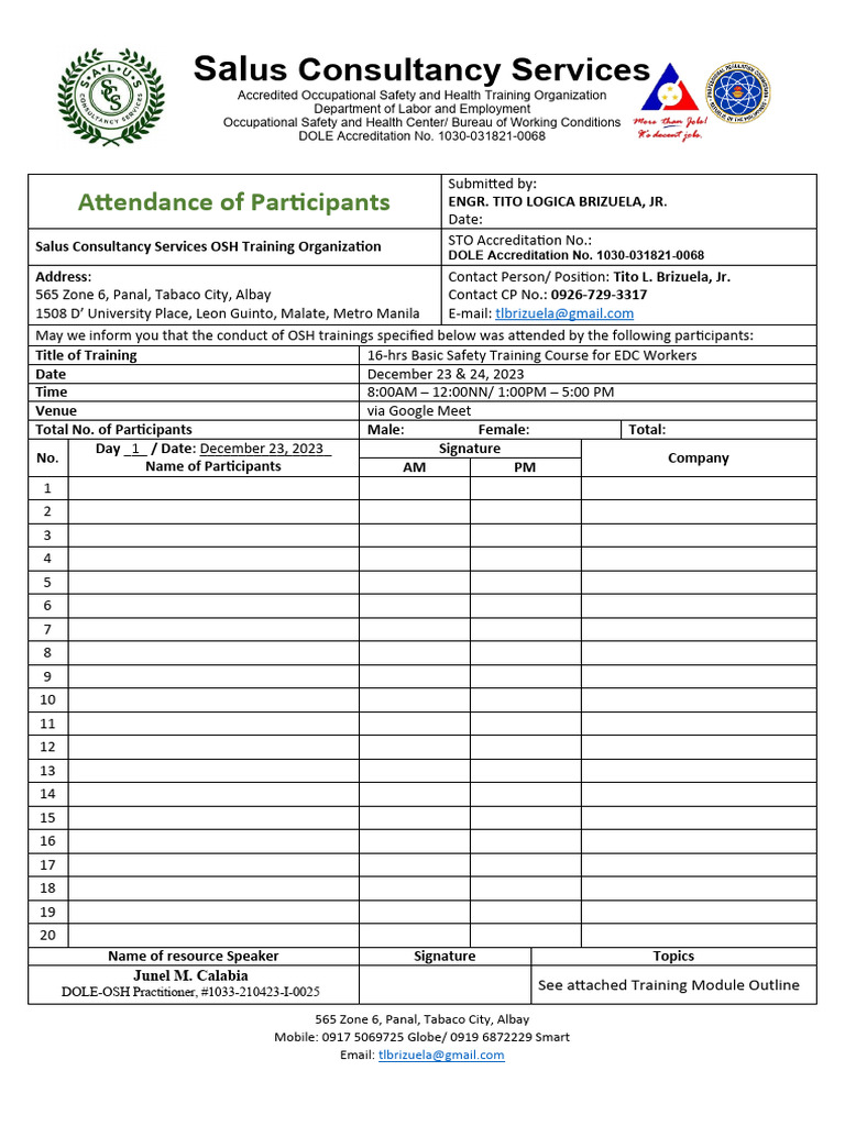 Salus OSH Training Attendance Report | PDF | Occupational Safety And ...
