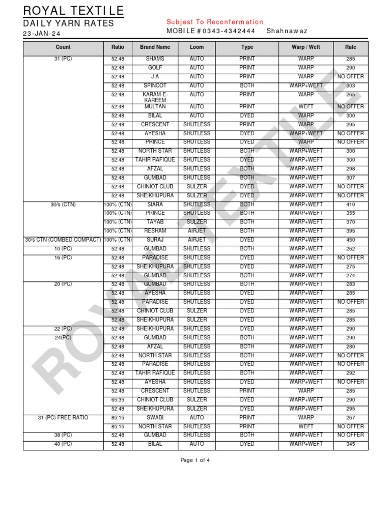 Ibrahim Fibres Yarn Rate List | PDF