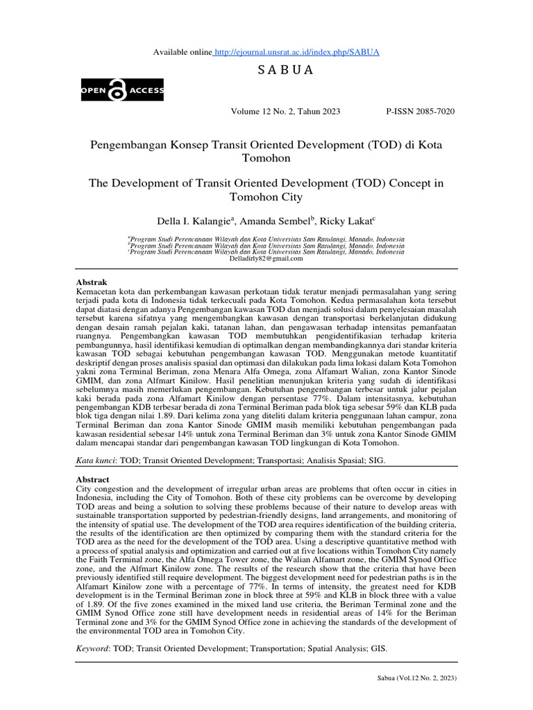 Pengembangan Konsep Transit Oriented Development (TOD) Di Kota Tomohon | PDF