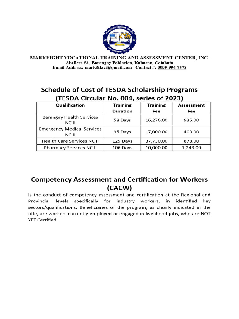 Schedule of Cost of TESDA Scholarship Programs (TESDA Circular No. 004 ...