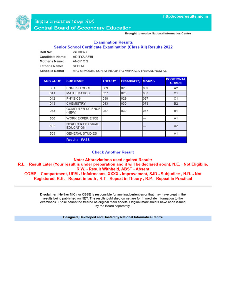 CBSE - Senior School Certificate Examination (Class XII) Results 2022 | PDF
