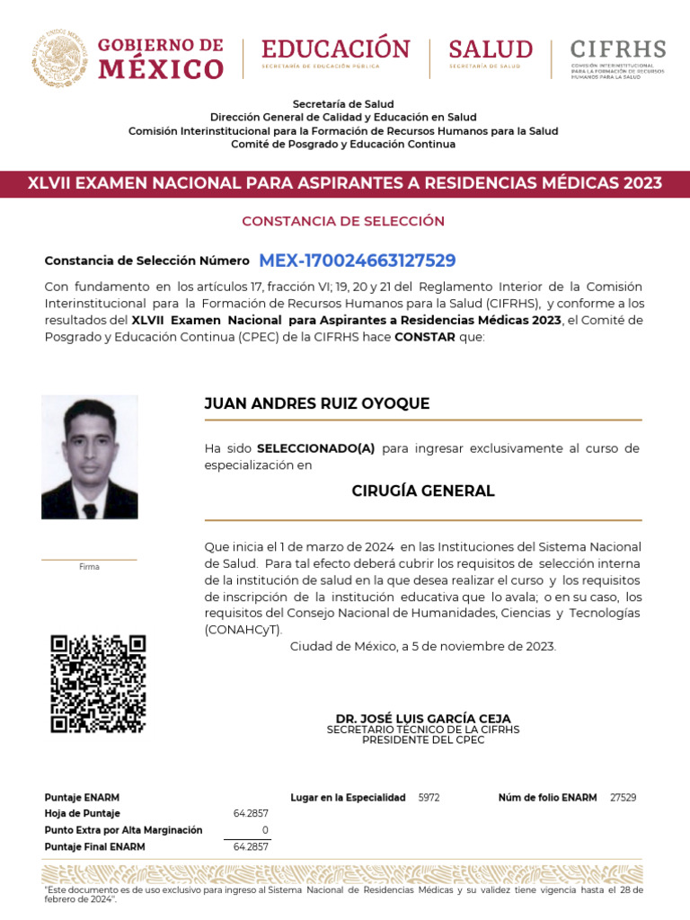 Constancia Enarm Seleccionado | PDF | Examen de licencia médica de ...