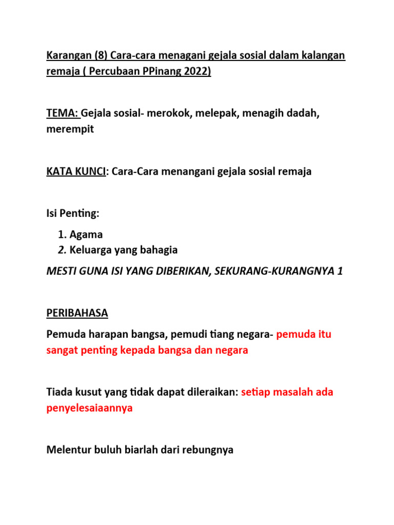 Karangan 8 Langkah Mengatasi Gejala Sosial Remaja. | PDF