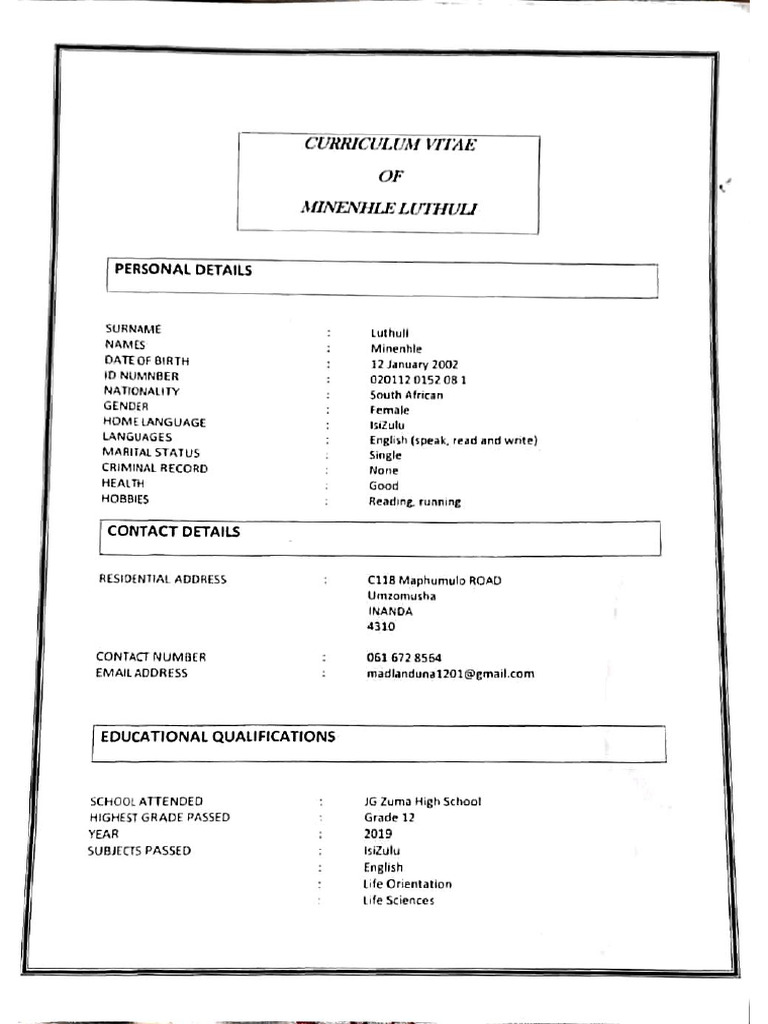 Minenhle - Full CV | PDF