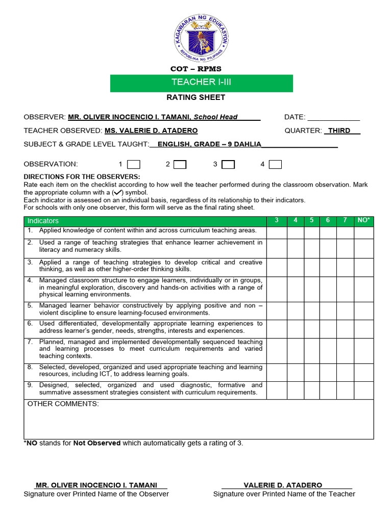 COT - Observation Sheet | PDF | Learning | Curriculum